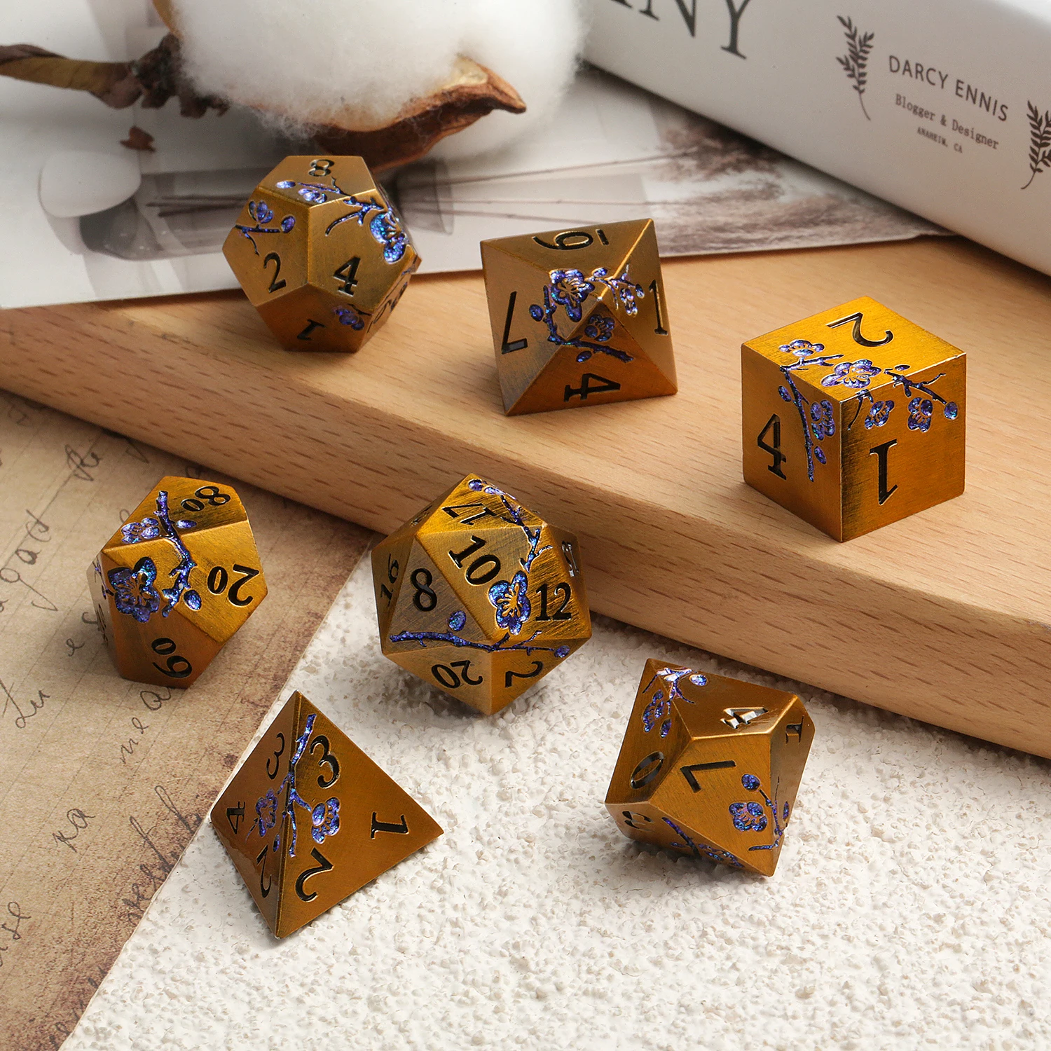 Matt Purple Flower RPG Dice 16mm Square Zinc Alloy 7 PCS D&D Dice Set ...