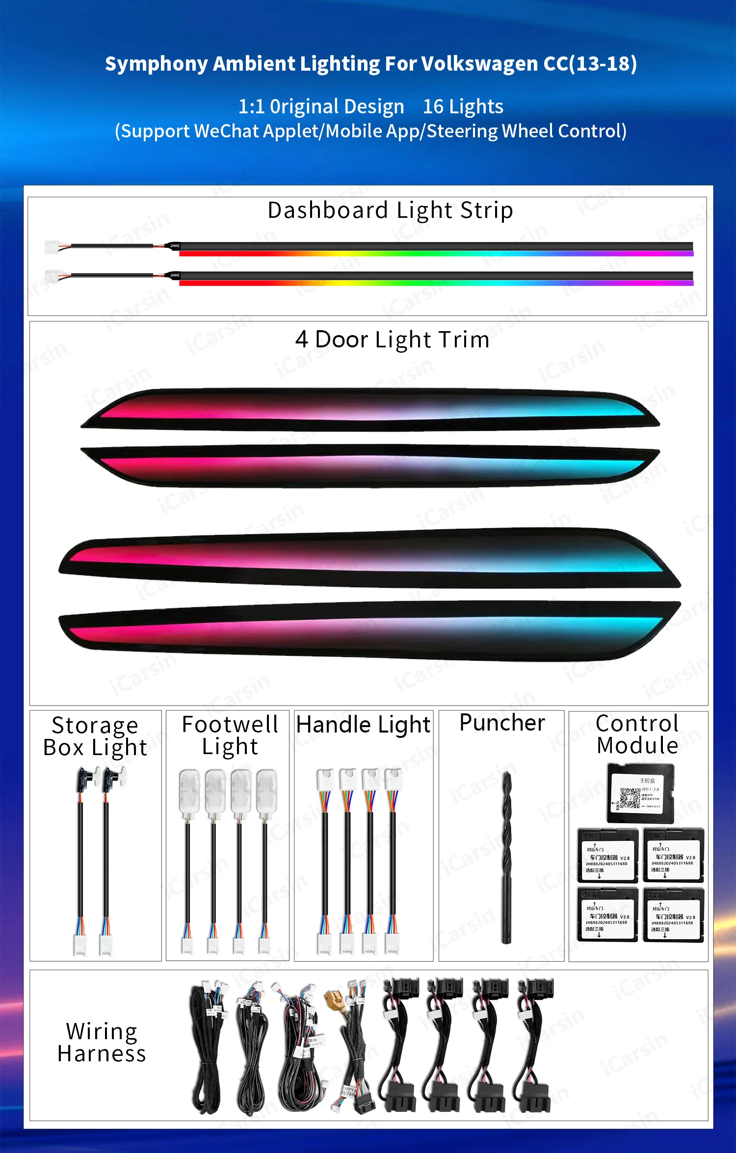 ICarsin Upgrade Full Set Symphony Car Interior Ambient LED Lighting for Volkswagen CC 2013-2018 ...