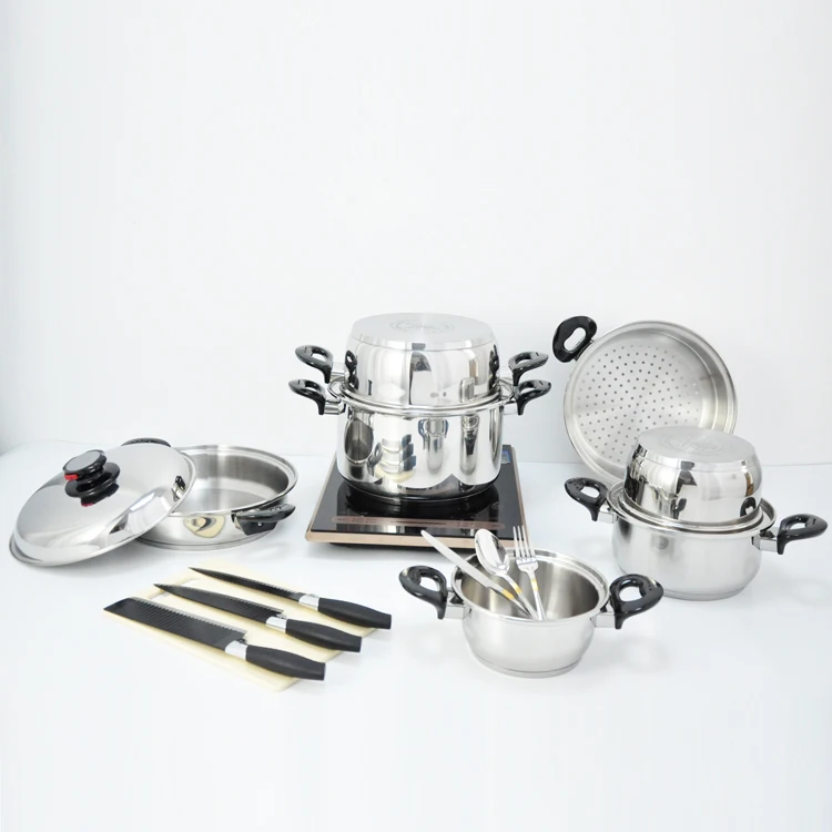 16Pcs Wide Rolled Edge 304 Stainless Steel Cookware Set Induction Water ...