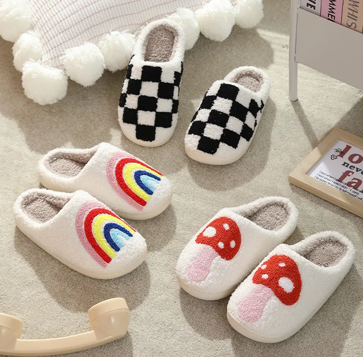 Custom Fluffy Cozy Cute Fuzzy Plush Smile Rainbow Fuzzy Slippers For ...