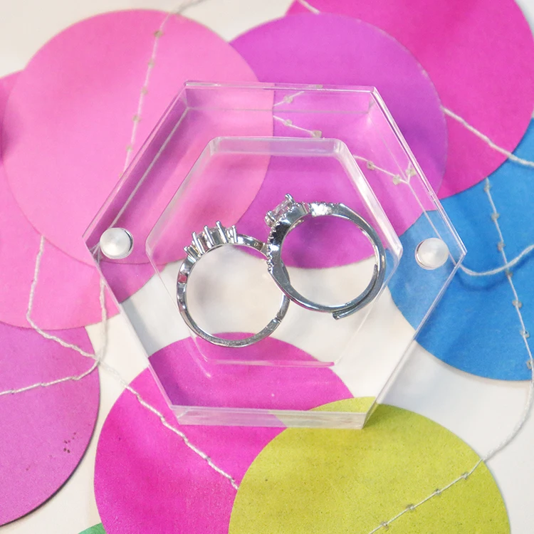 Custom Clear Acrylic Ring Box With Wood Base, Carved Hexagonal Magnetic ...
