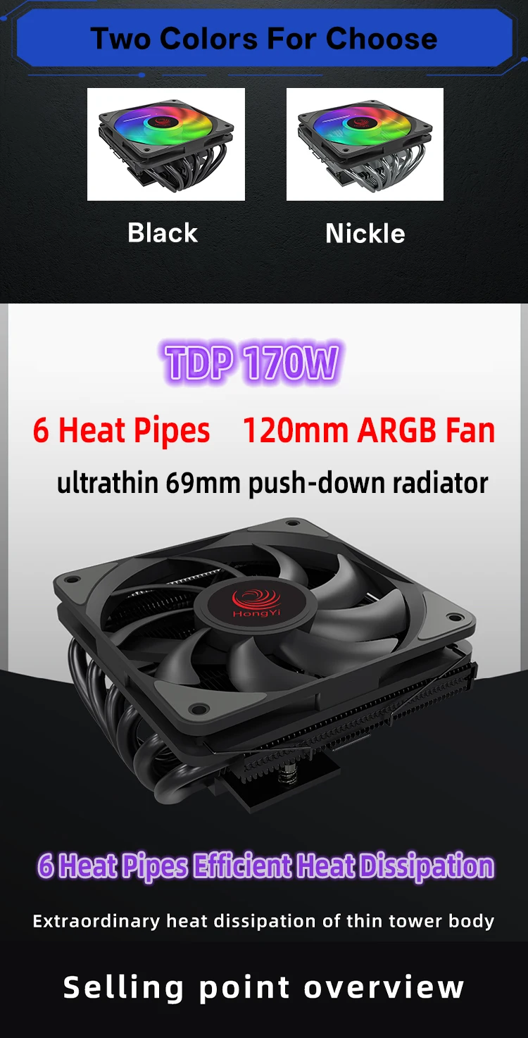 Slim Itx CPU Cooler with 6 Heat Pipes Radiator ARGB PWM Compatible with ...