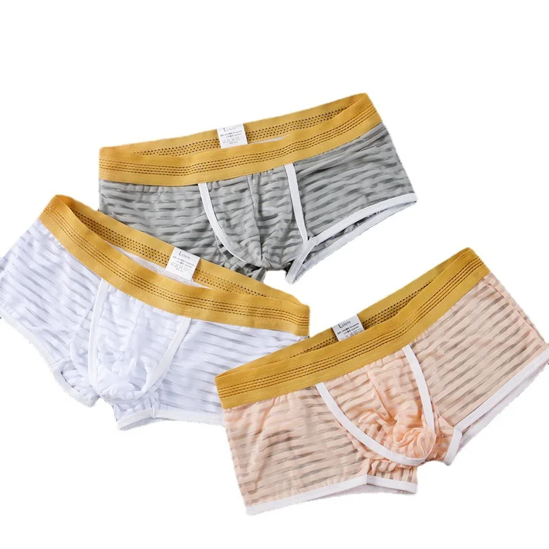 Gay Men Mesh Boxer Low-waisted Mesh Underwear Young Striped Boxer Sexy ...