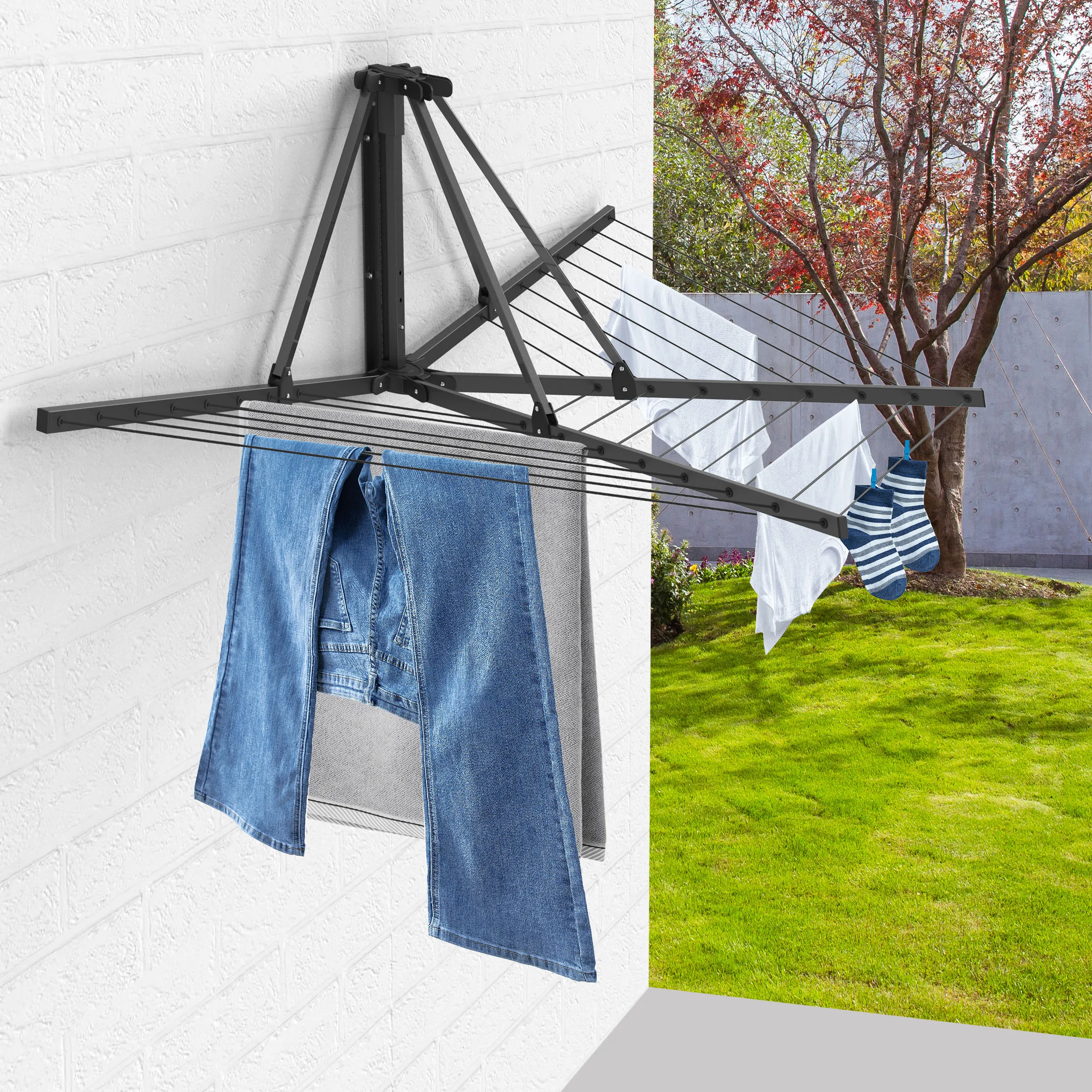 Wall Mounted Foldable Clothes Airer Rack - 3 Arms Laundry Drying Hanger ...
