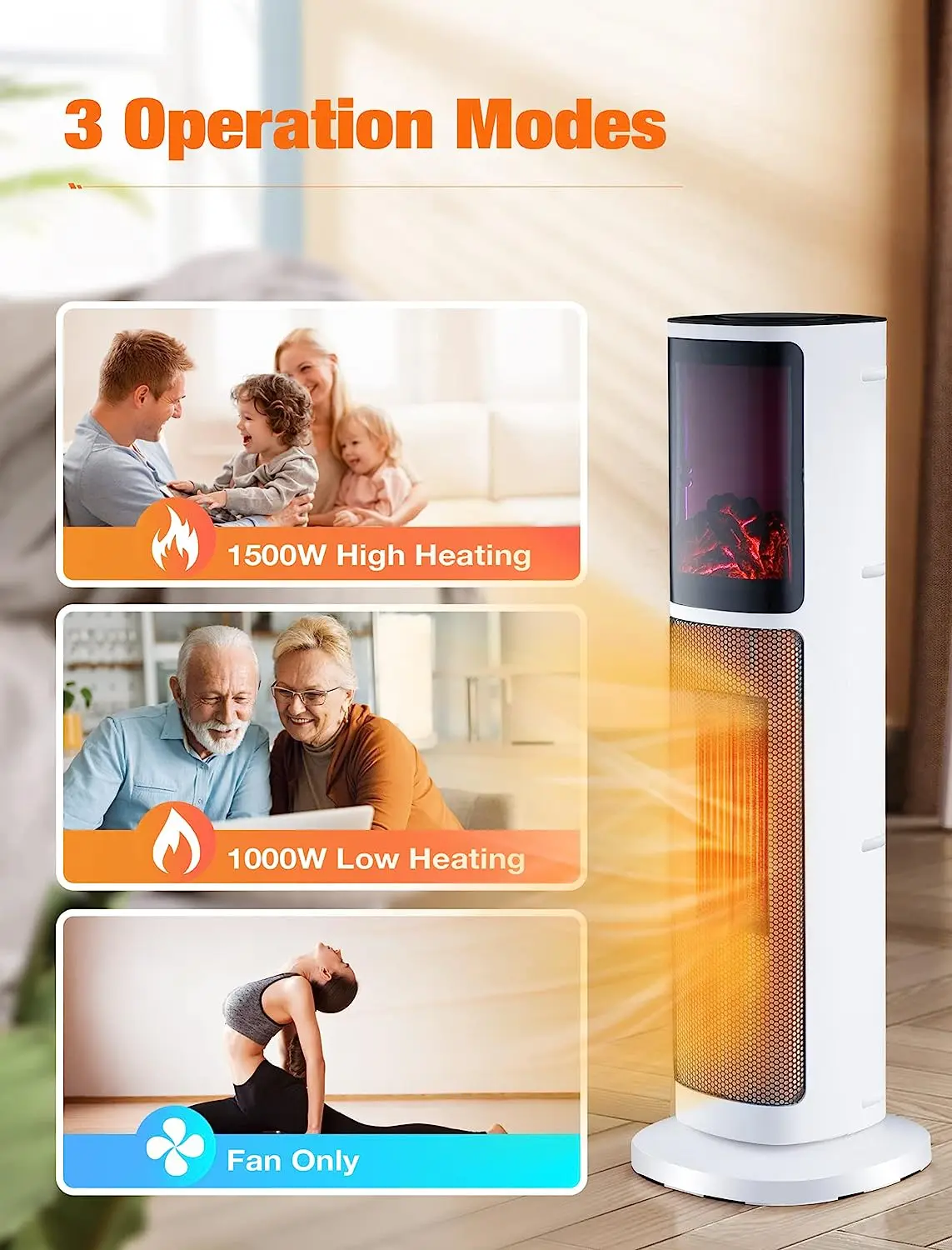 KONWIN Tower Heater - 2000W PTC Electric Fireplace Heater