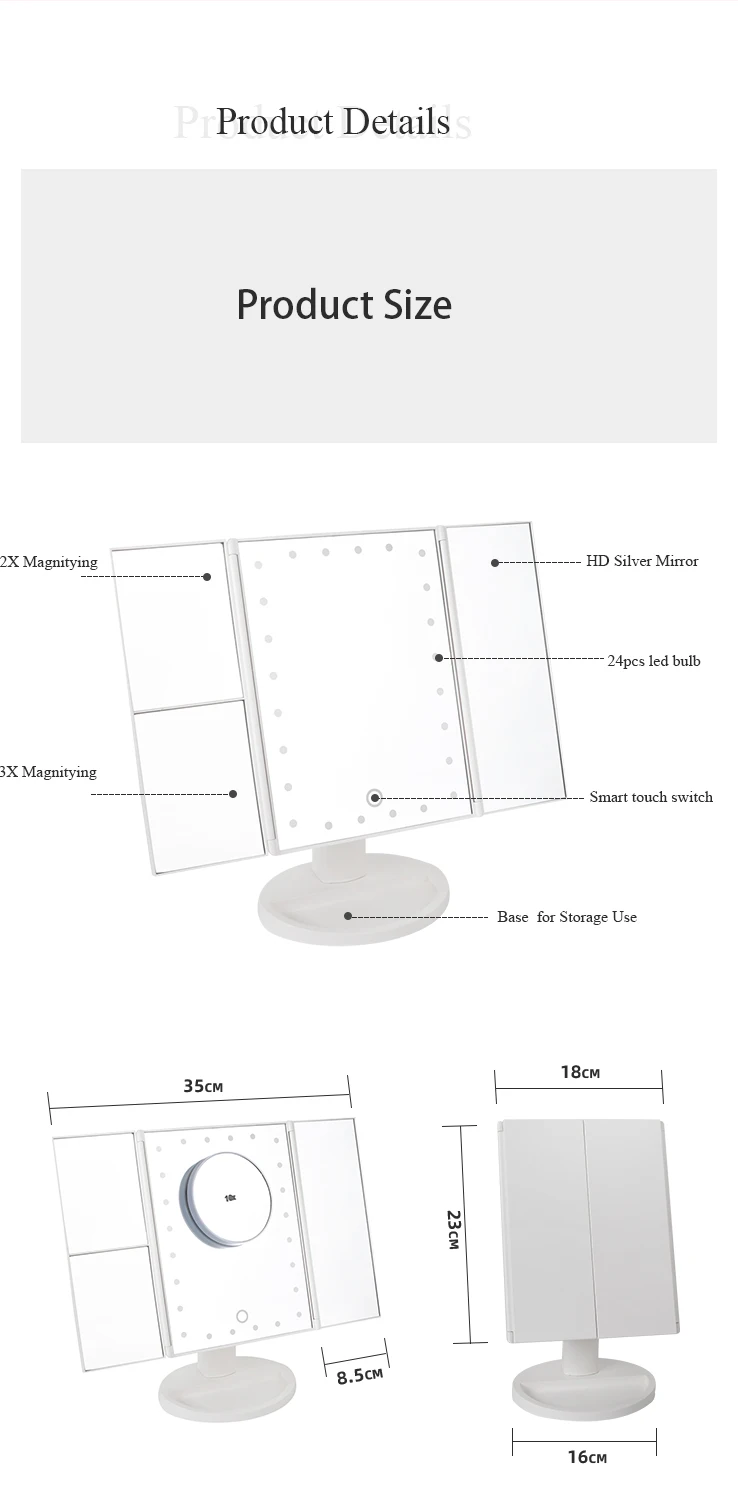 Tri Fold Makeup Vanity Mirror With 24 Led Lights 3x/2x Magnifying Led ...