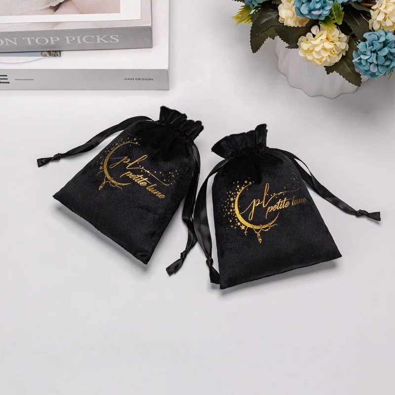 Luxury Super Soft Black Velvet Pouch For Jewelry Customized Drawstring ...
