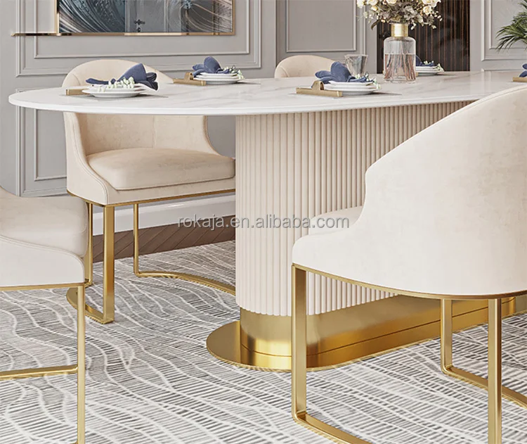 Dining Table Set Luxury Rectangular Marble Top Gold Metal Base