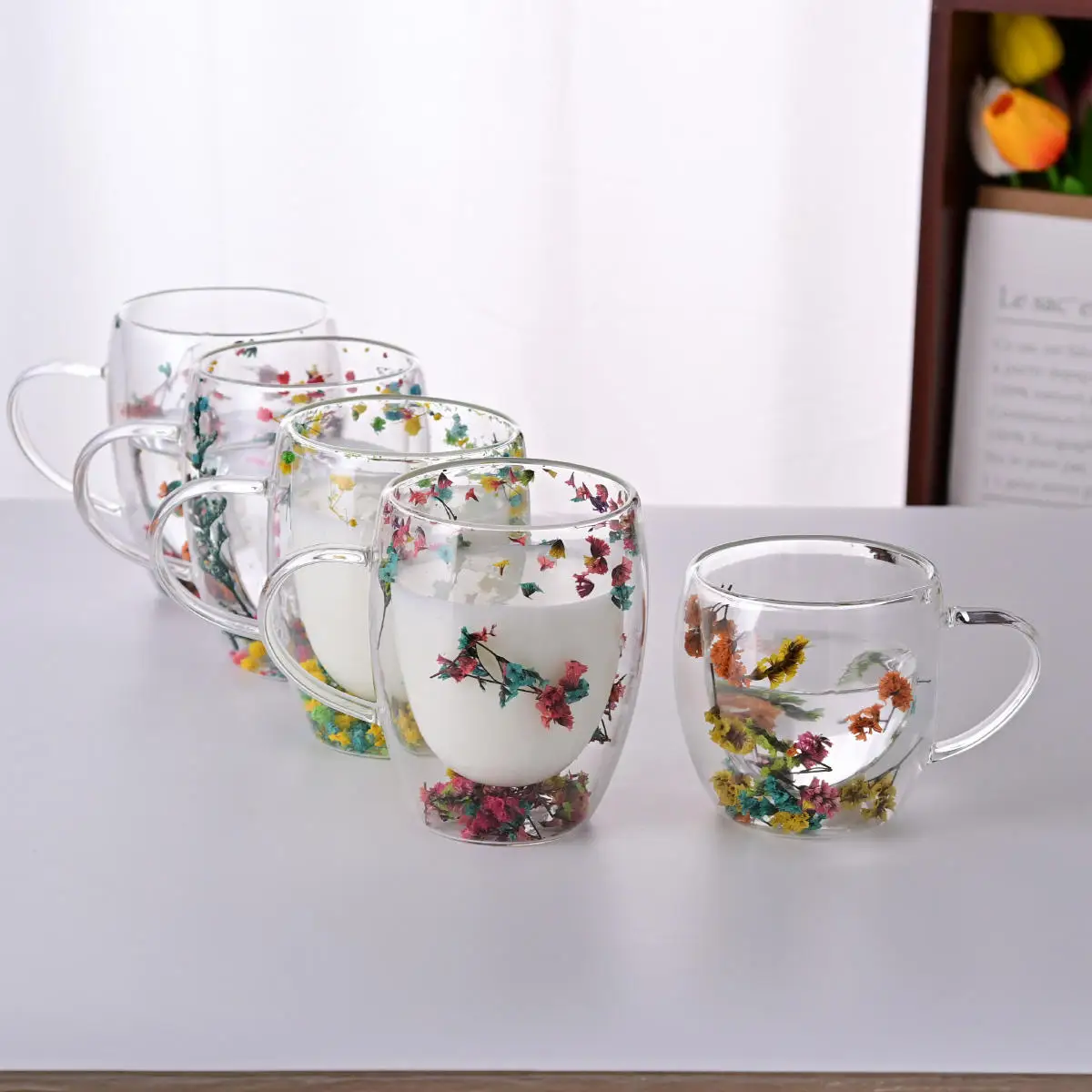 Double Wall Drinking Glass Mug With Flower 250ml 350ml Juice Coffee ...
