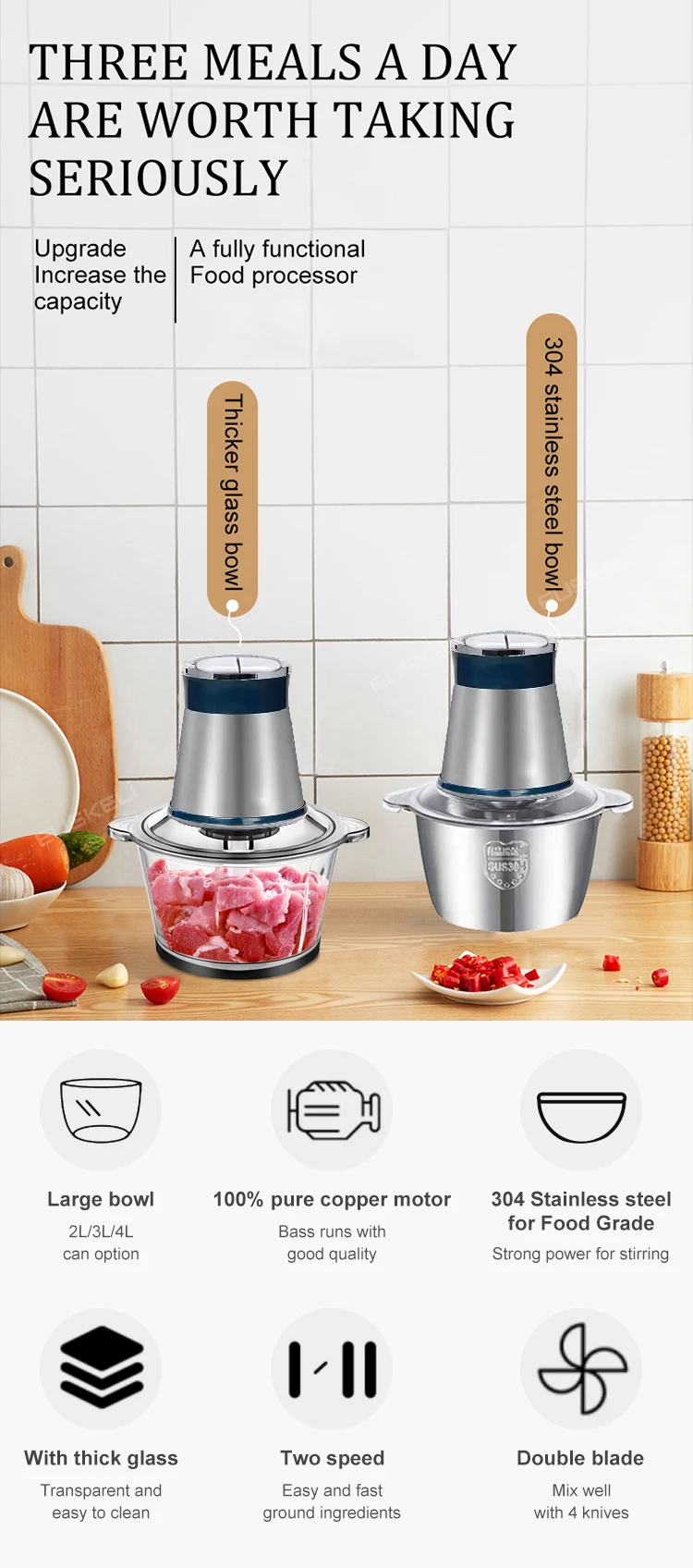 Electric Meat Grinder 2 Speeds Stainless Steel Electric Chopper ...