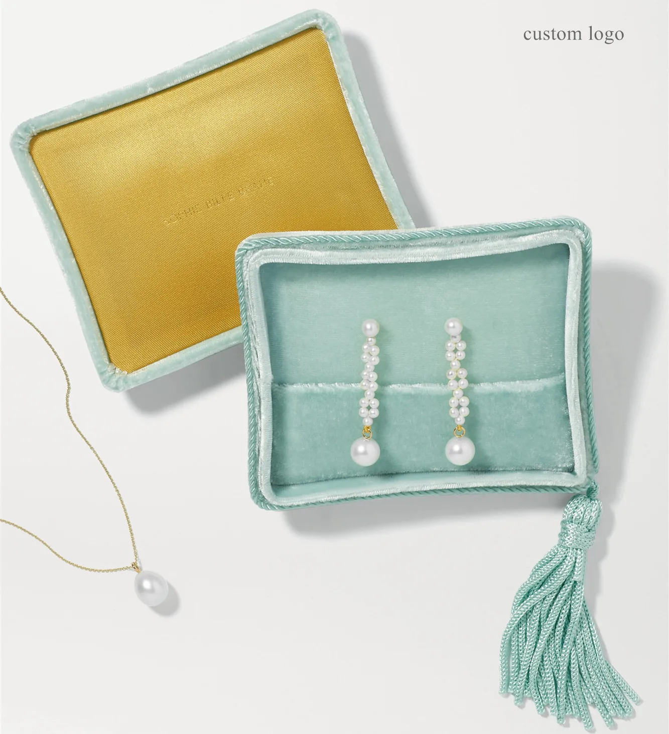 Custom Color Gloss Velvet Jewelry Box Petite Tasseled Blue Pink Yellow ...