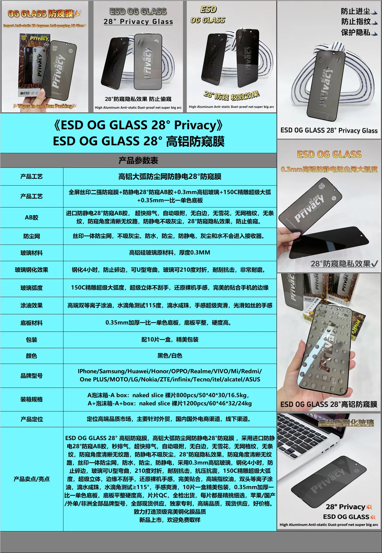 ESD OG Glass 28° Privacy Anti-Peeping Screen Protector for Iphones 15 ...
