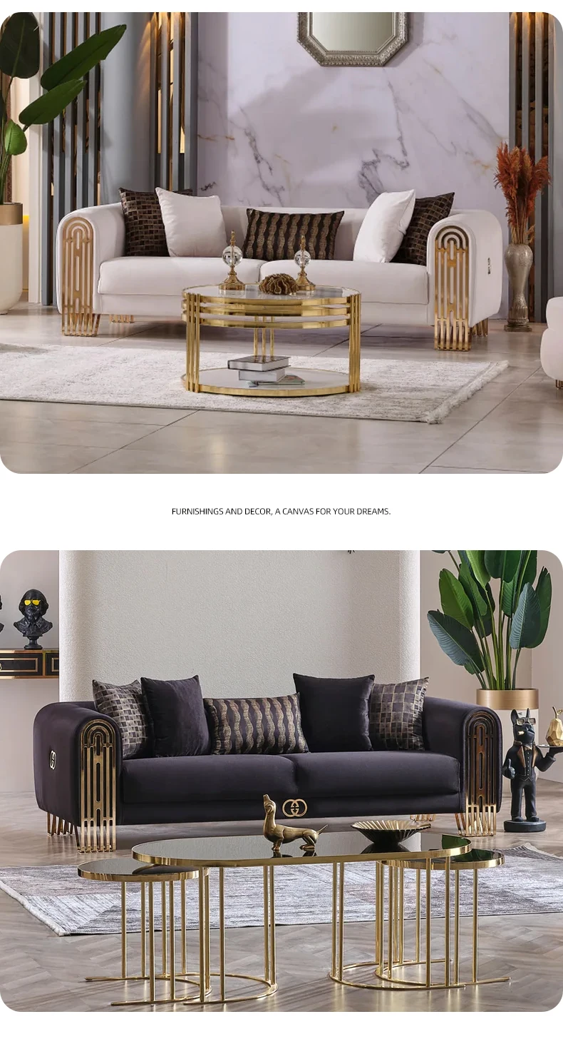 Turkish Style Living Room Set Gold Stainless Steel Fabric Couch Mebel ...