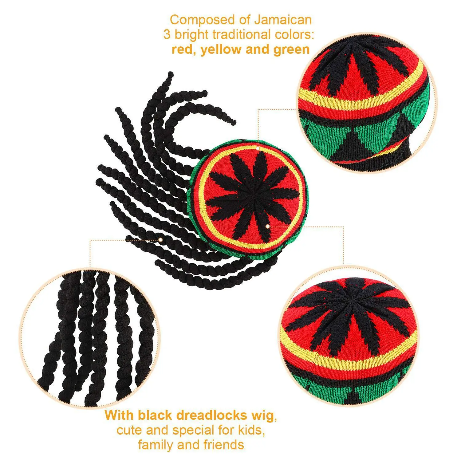 Vibrant Rasta Reggae Knitted Hat with Faux Braids Tam
