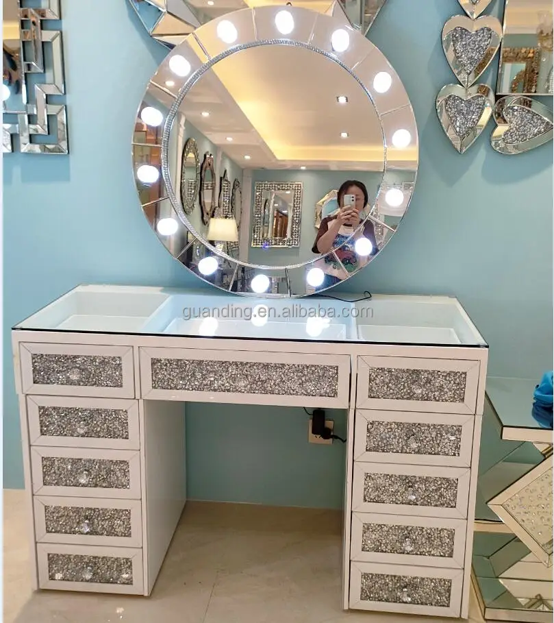 2023 Light Luxury White Thirteen Drawers Mirrored Vanity Table for Living Room