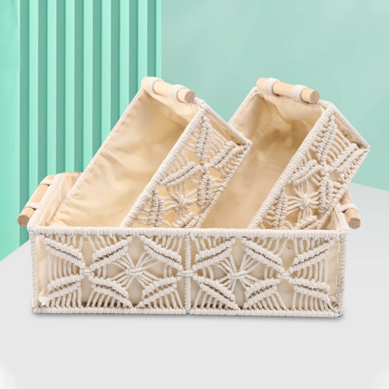 Handmade Woven Decor Macrame Storage Baskets Box Organizer With Wood ...