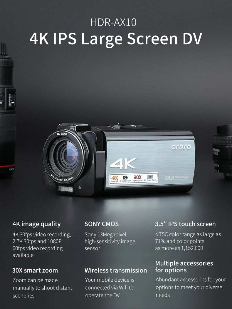 4K 3.5inch Big Screen IR Night Vision Digital Camcorder ORDRO 30X ...