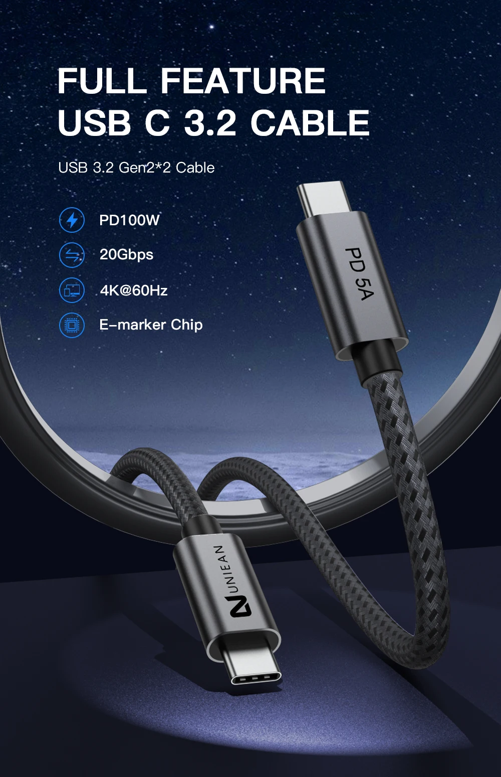 Nylon Braided 20gbps USB3.2 PD100W Quick Charger Cable