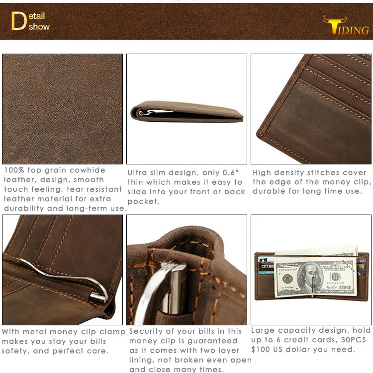Tiding Custom Men Vintage Crazy Horse Genuine Leather Wallet