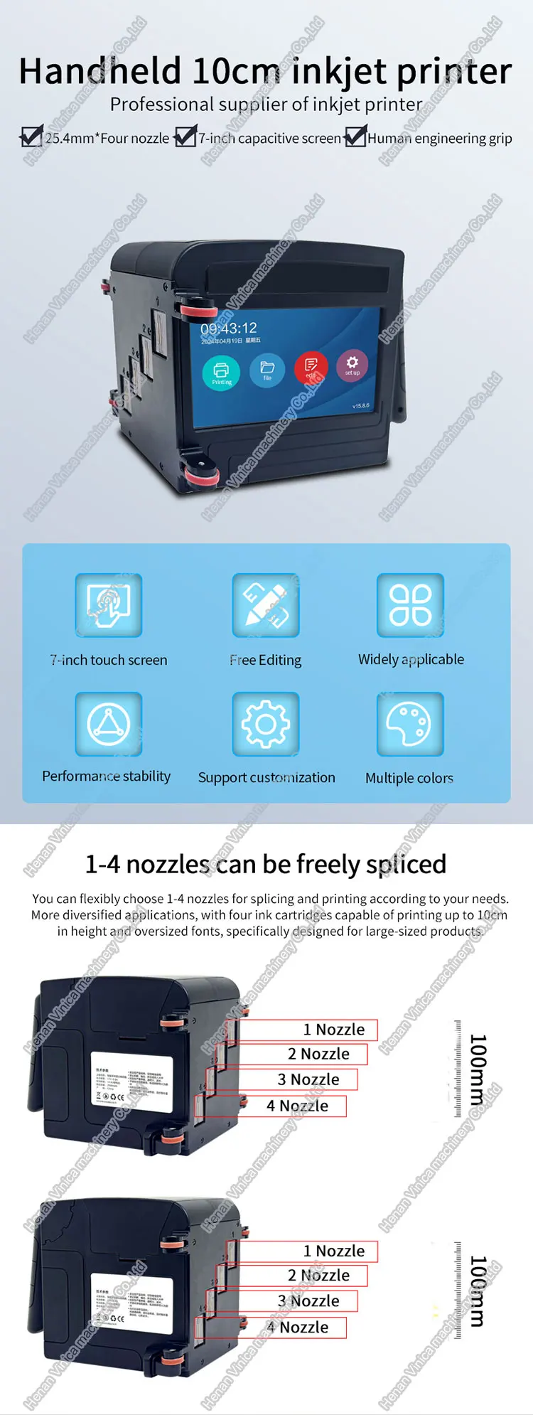 Vinica Four Heads Large Format Handheld Inkjet Printer