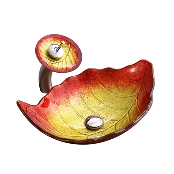 Leaf Design Shaped Glass Vessel Basin Sink Bowl Chrome Waterfall Faucet ...