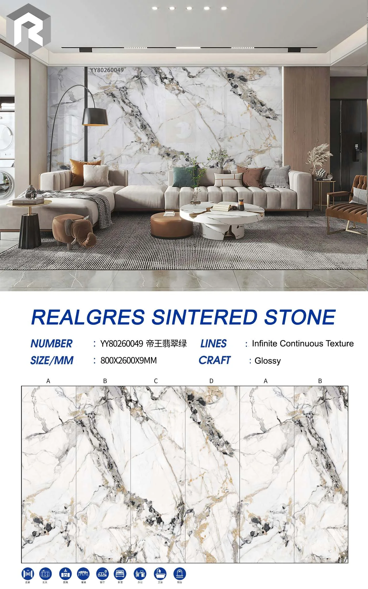 Realgres White Round Dining Table 2600*800 Rock Slab Porcelain Tile Golden Modern Coffee Table ...