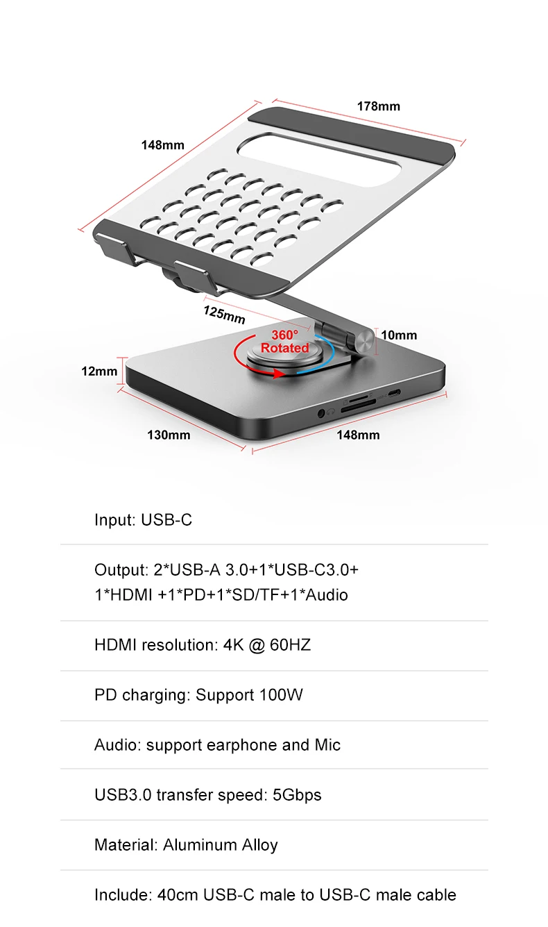 USB c Docking Station Tablet Holder Adjustable Height Aluminum Laptop ...