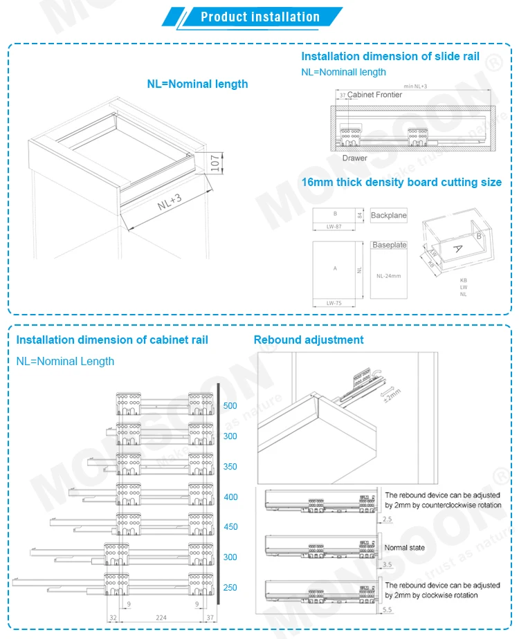 Cabinet Kitchen Concealed Drawer Slide Channels - MONSOON