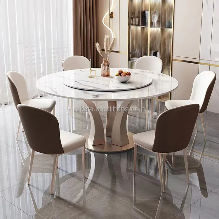 Modern Rock Slab Dining Table Gold Metal Base Sintered Stone Top Round ...