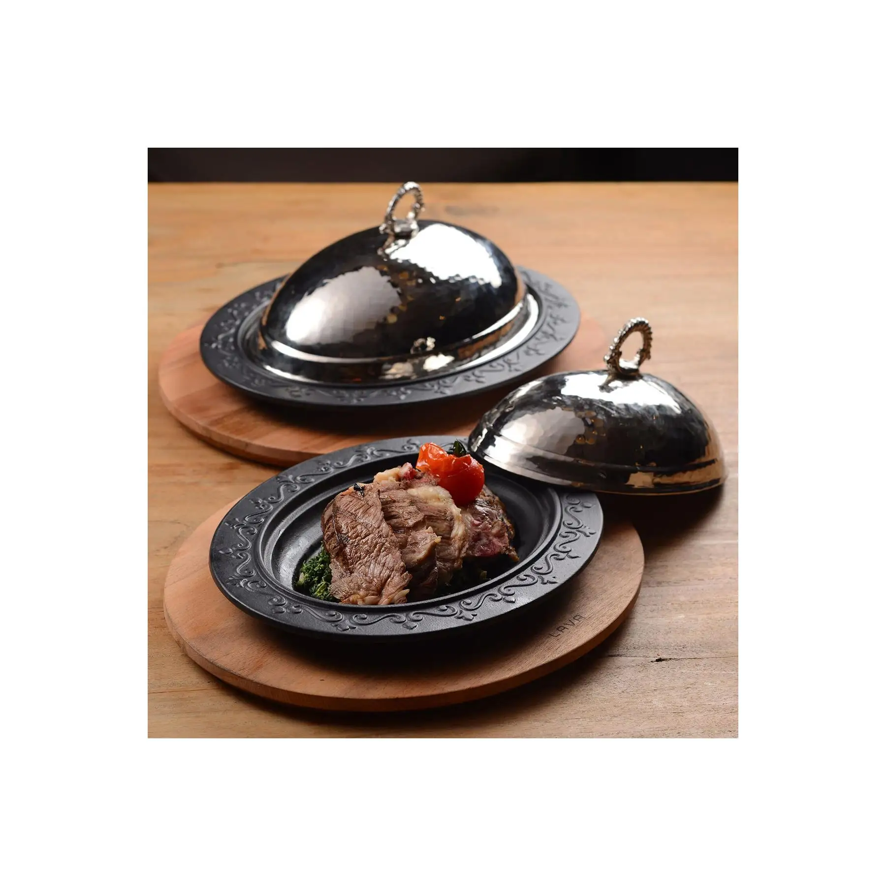 Cast Oval Doner,Kebab Plate And Copper Hammered Lid,With Wooden Base ...