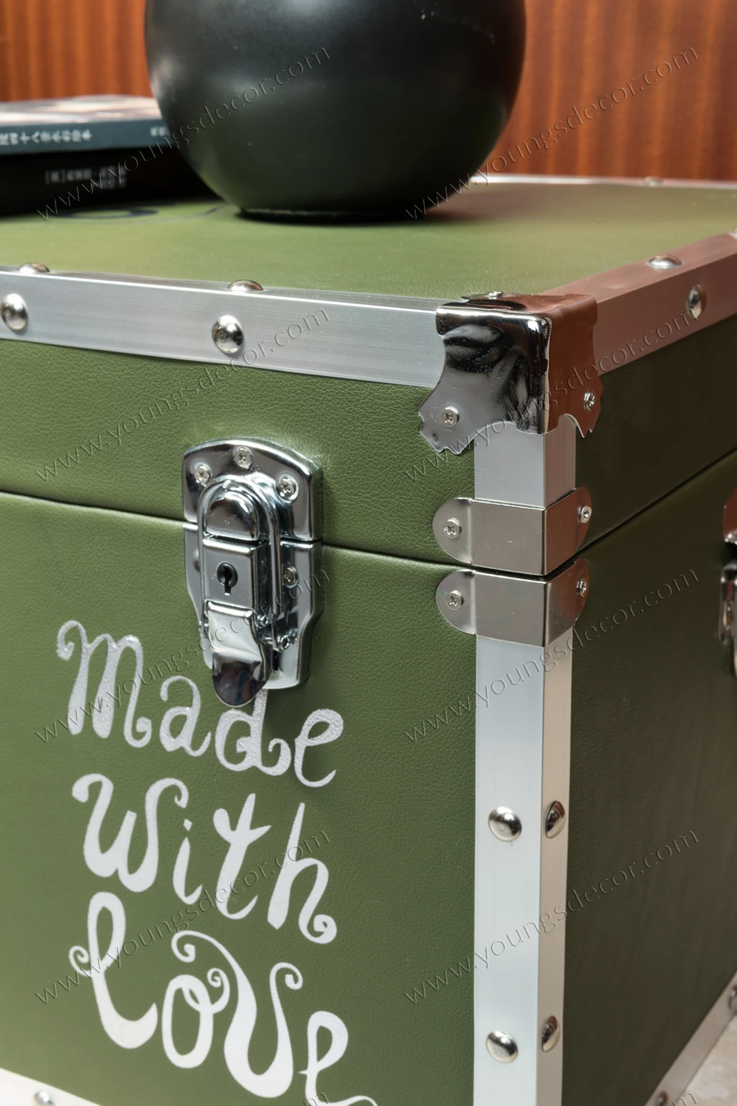 Wood Rectangle Storage Trunk Box Set with Aluminum Rims