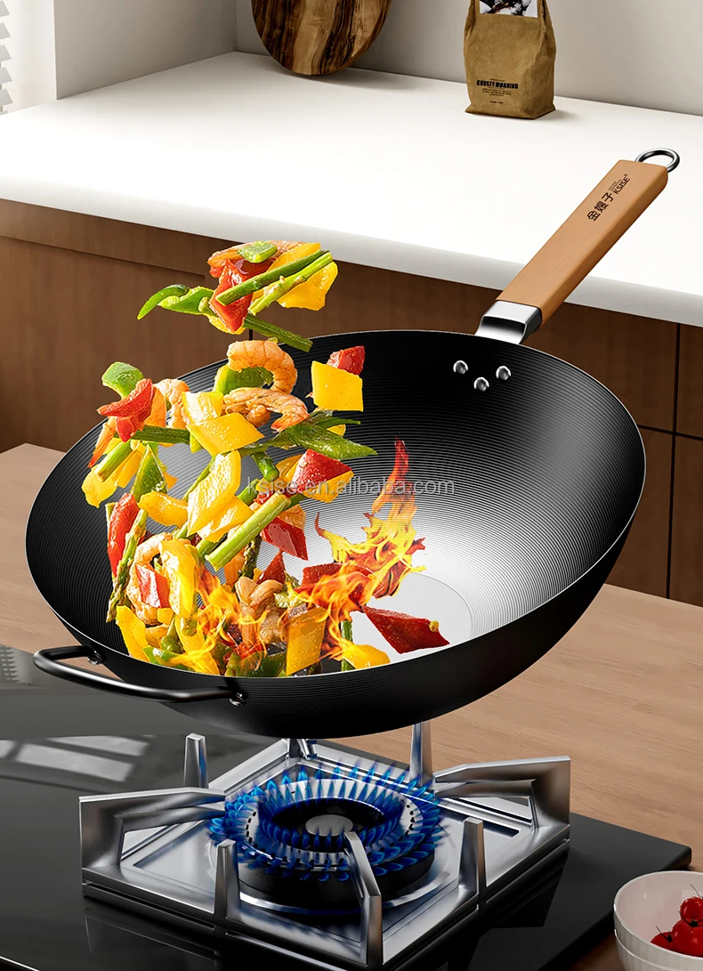 Spinning carbon steel Wok Pan preseasoned 34cm Wok with Wooden Handle ...