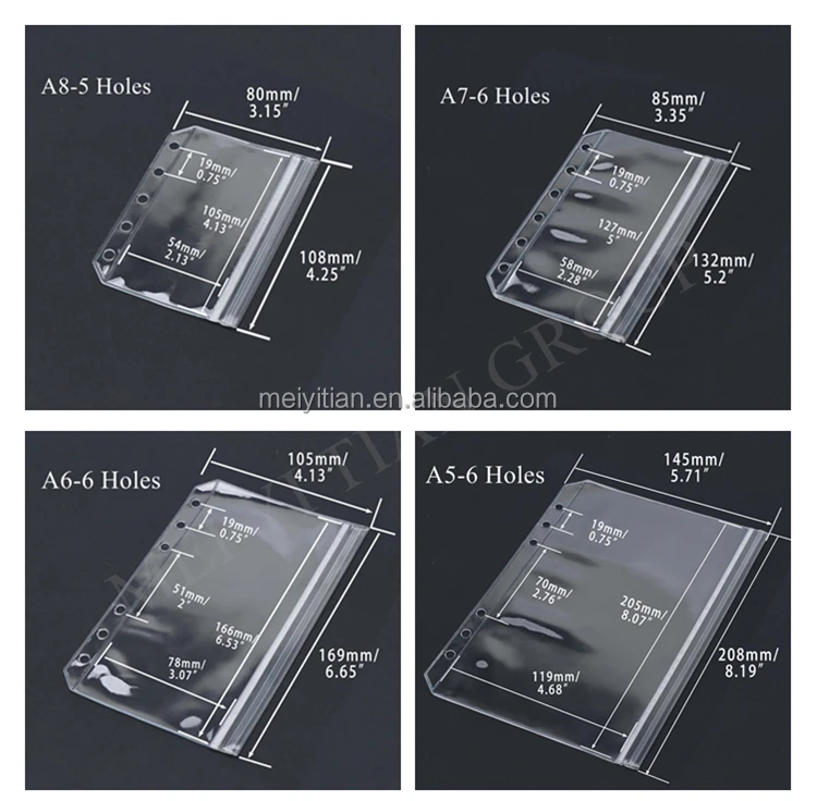 A5 A6 A7 A8 Clear PVC Zipper Pocket Bag No Zipper Head Loose-leaf Binder Pocket Cash Money ...