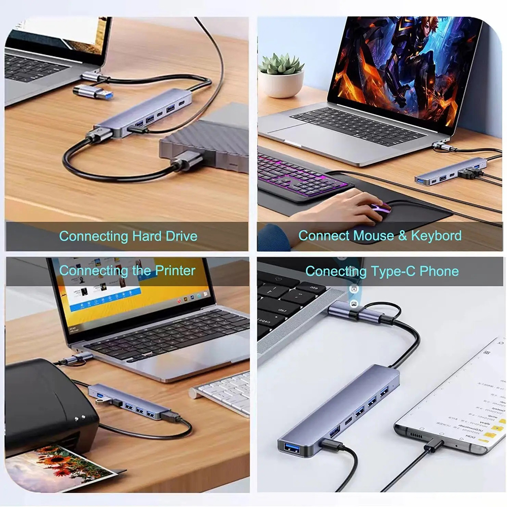 Multi Port USB USB-C Hub Aluminum Alloy 7 in 1 Adapter OTG Splitter 7 ...
