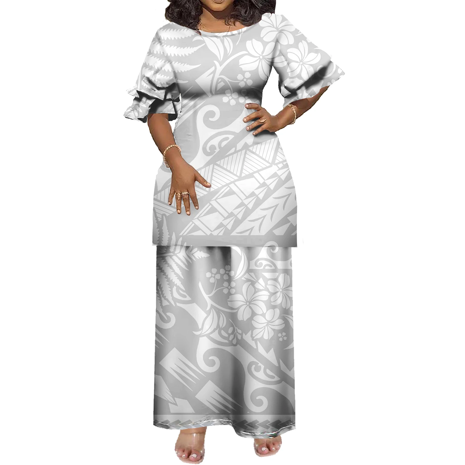 Samoa Puletasi Polynesian Tribal Print White Custom Ladies Plus Size Women's Sets Church Dress ...