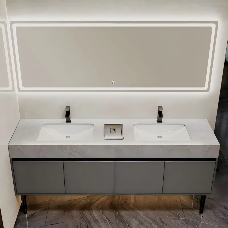 Modern Design Double Basin Bathroom Vanity with LED Mirror Public Place ...