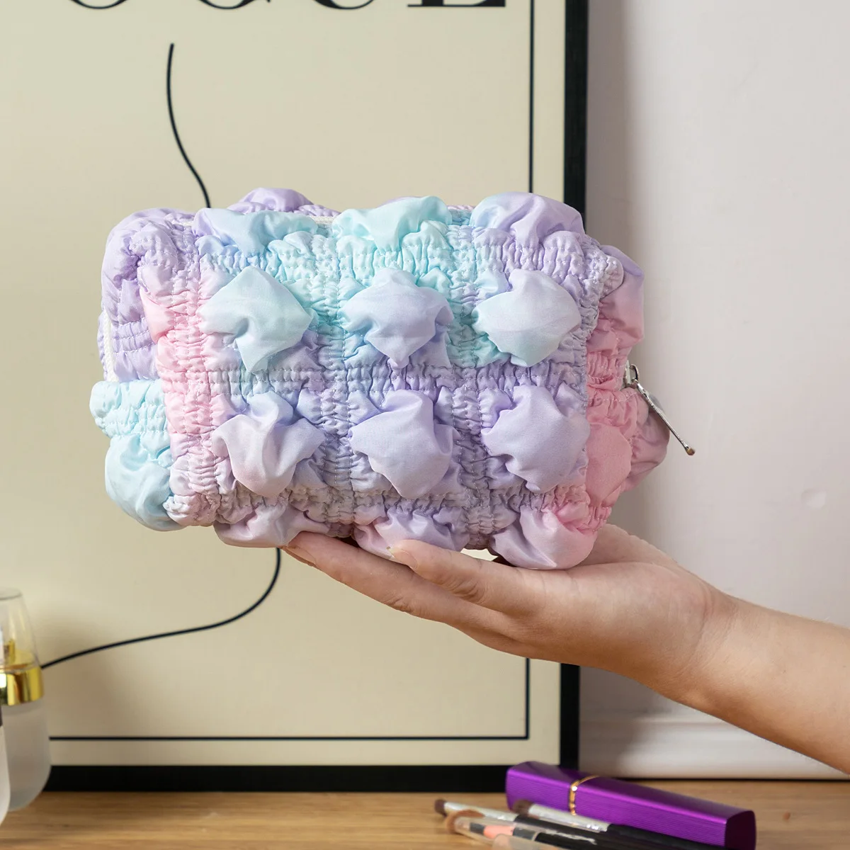 Kawaii Heart Ruched Pastel Rainbow Cosmetic Pouch Soft Polyester Travel ...