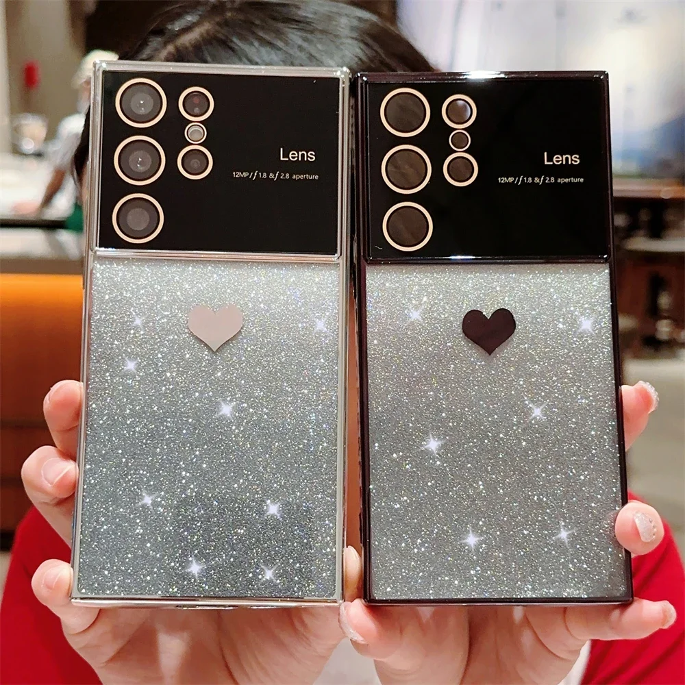 Cute Love Heart Glitter Gradient Plating Clear Case For Samsung S23 ...