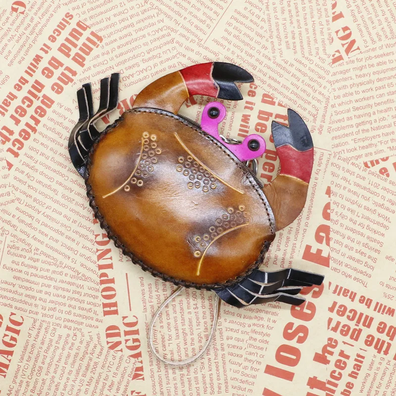 Crab Animal Carton Vintage Cowhide Leather Gift Handmade Coin Purse ...