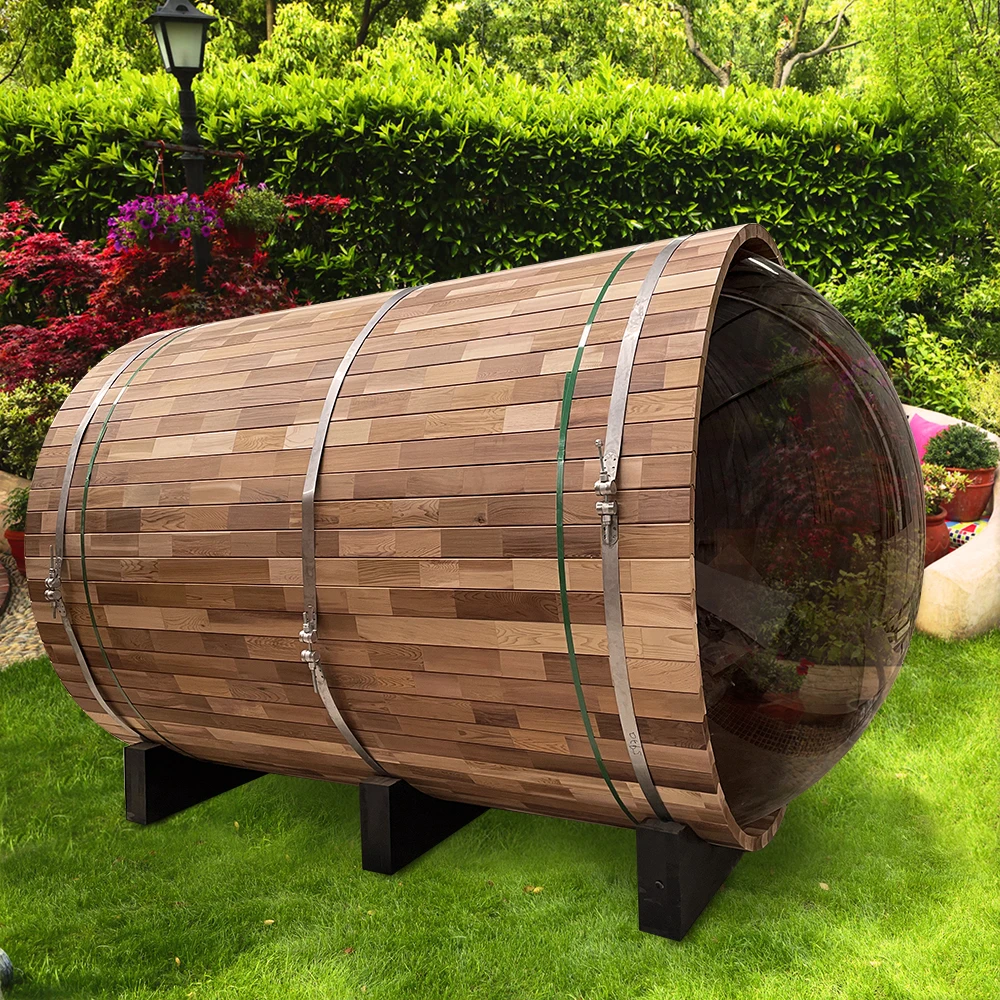 Outdoor Panoramic Luxury Red Cedar Wooden Barrel Sauna