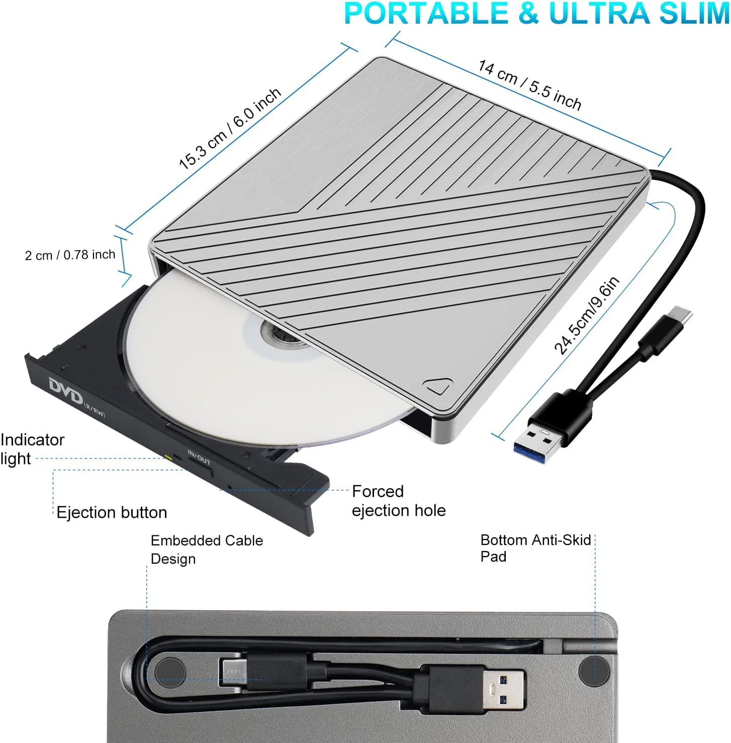 Usb 3.0/type-c External Cd Dvd Rom Optical Drive Portable Dvd Burner ...