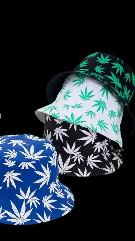 Fashion Unisex Maple Weed Leaf Printed Reversible Fisherman Caps Custom ...