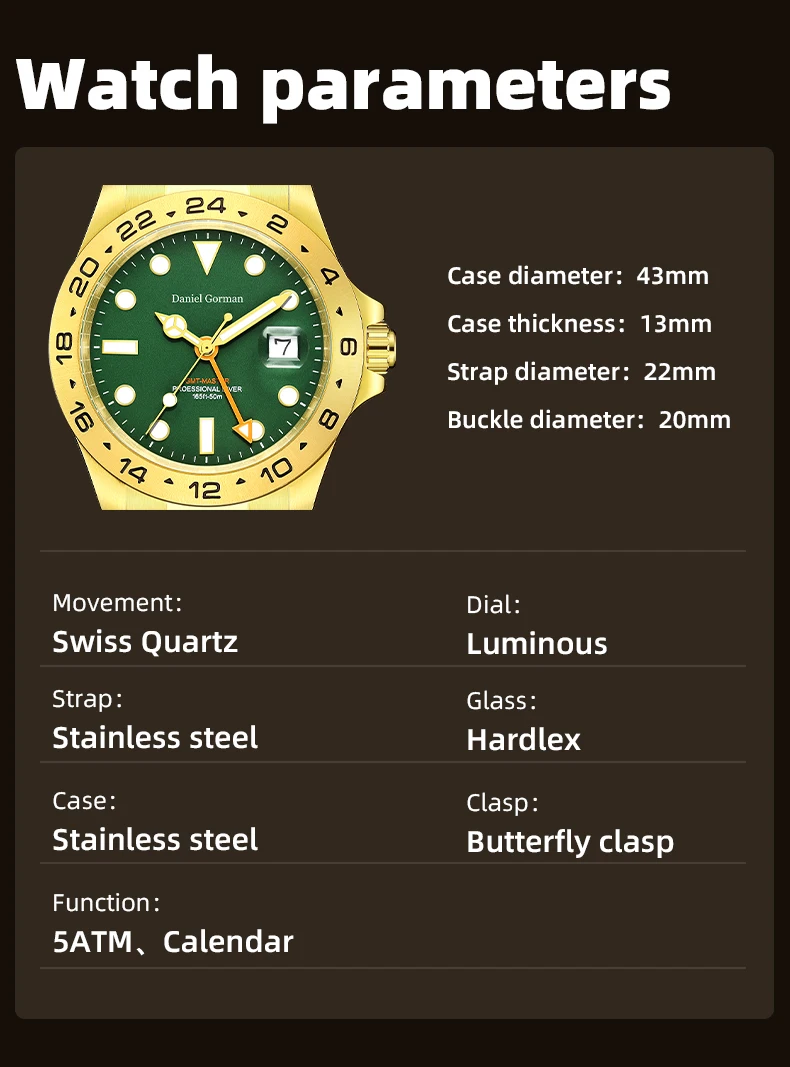 Daniel Gorman 50m Waterproof Luminous Stainless Steel Strap Luxury ...