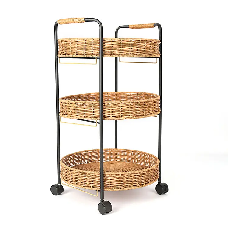 Multifunction Fruit Tray Basket Rattan With Wheels Three-tier Kitchen ...