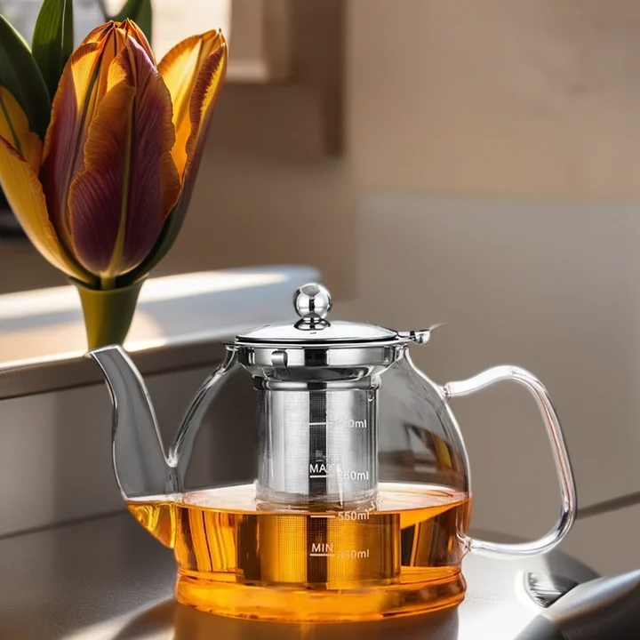 High Borosilicate 1400ml Large Capacity Glass Teapot With Stainless ...