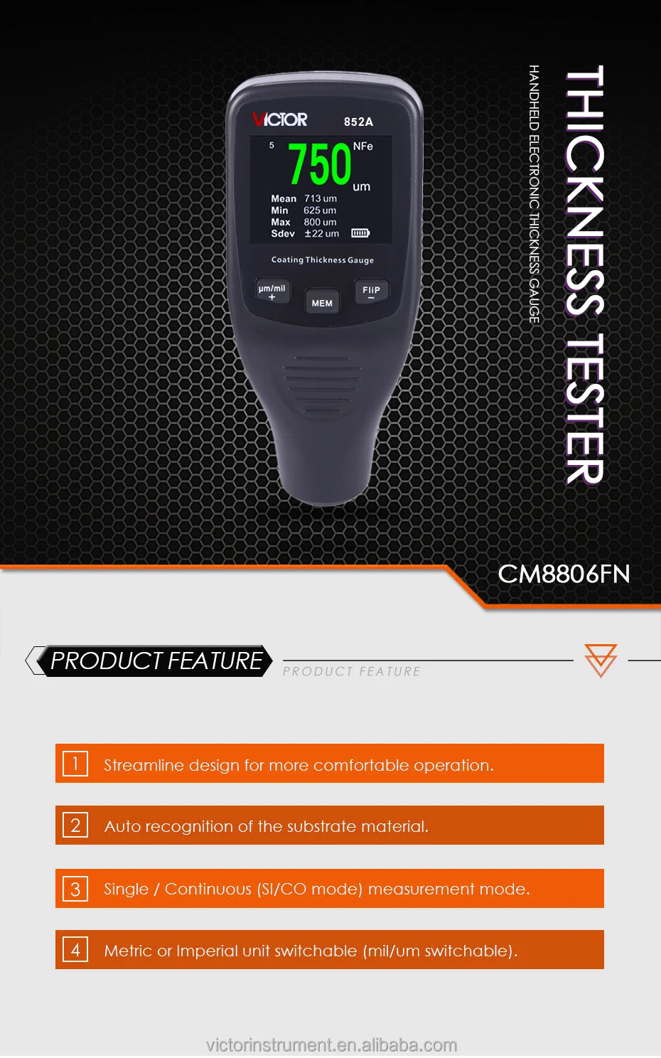 VICTOR 852A Coating thickness gauge Fe NFe test colorful screen 0 to ...