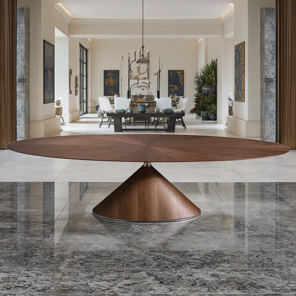 Italian Modern Oval Luxury Dining Table - Solid Walnut & Marble