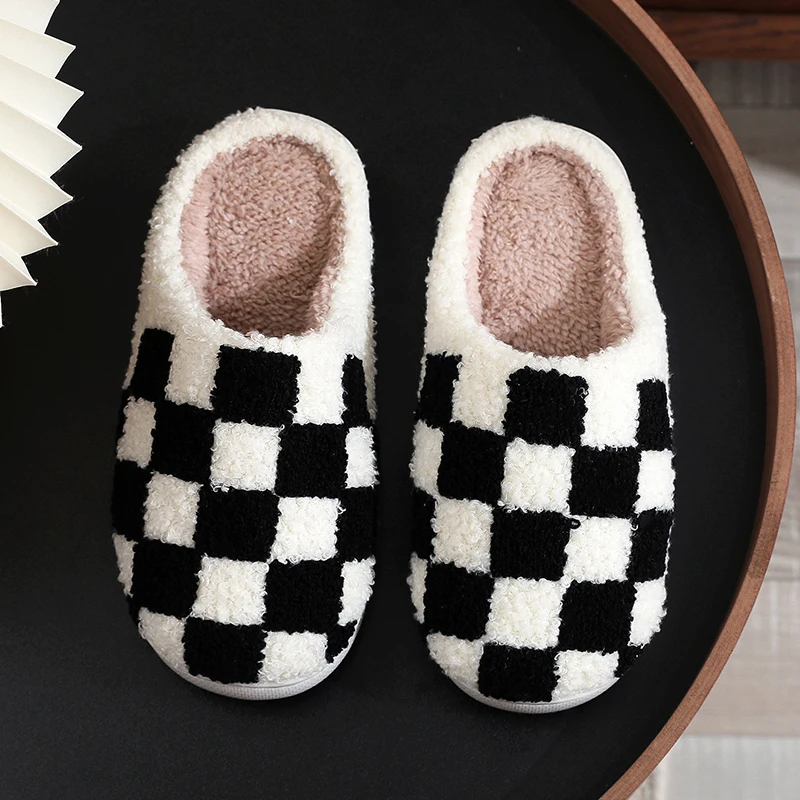2023 Customized Checker Slides Lady Man Winter Checkerboard Flat Plush ...
