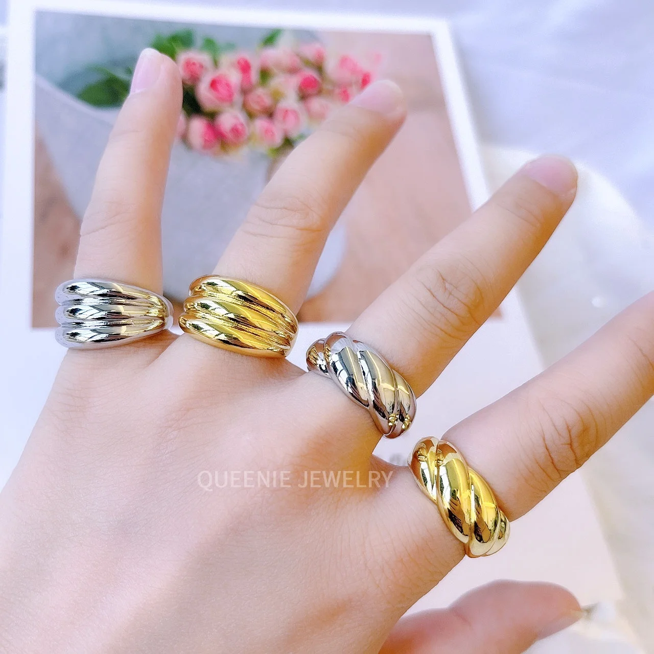 Dainty Retro 18k Gold Plated Water-resistant Minimalist Basic Wide Band ...