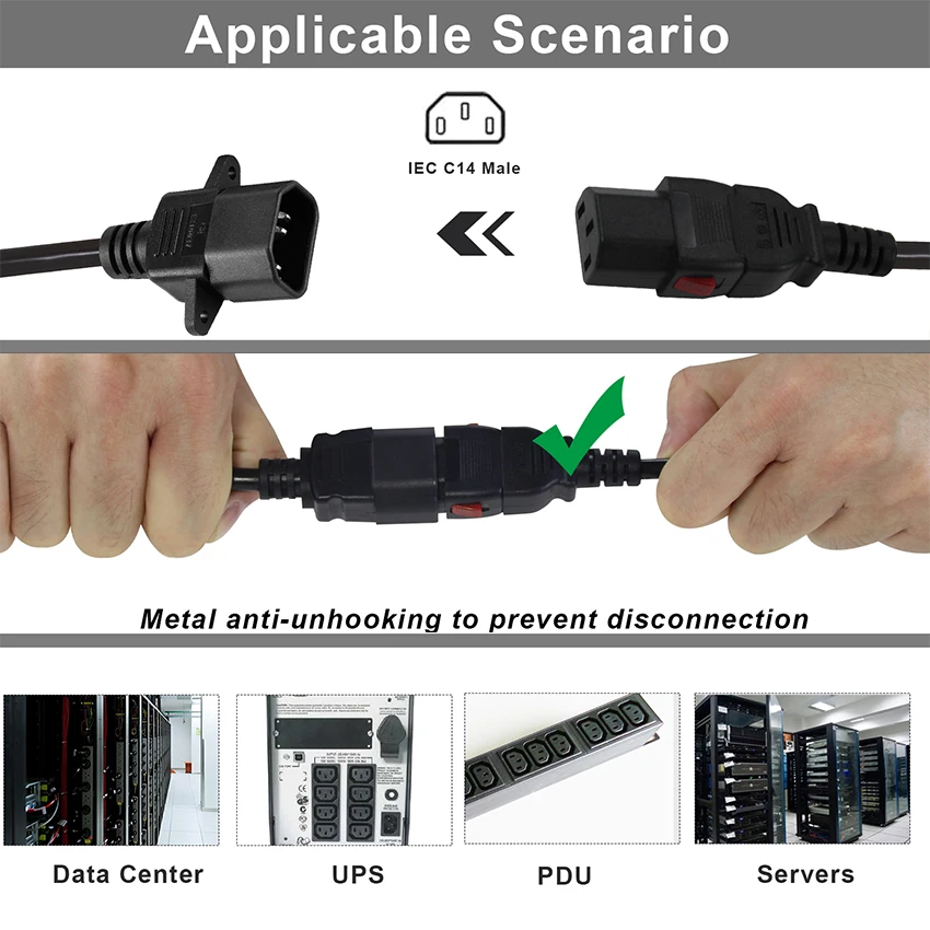 Iec320 C14 To Iec320 C13 Locking Pdu Power Cord 10 Amp Black 1ft Computer Monitor Power